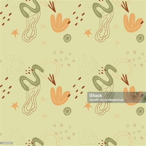 손으로 그린 유기적 모양 꽃 잎 및 흙빛 톤의 기하학적 요소가 있는 완벽한 추상 꽃 패턴 직물 벽지 포장지 및 브랜딩에 이상적입니다 보헤미안 스타일 0명에 대한 스톡 벡터