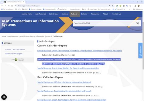 Cfp Acm Tois Special Section On Causality Representation Learning In Llms Driven Recommender