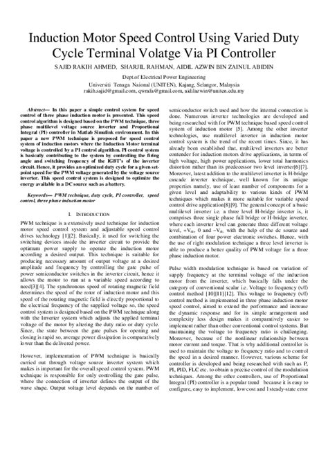 Pdf Induction Motor Speed Control Using Varied Duty Cycle Terminal Volatge Via Pi Controller