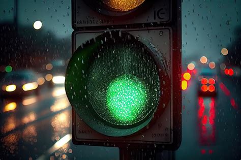 Premium Photo Green Traffic Light On Rainy Night With Droplets Of