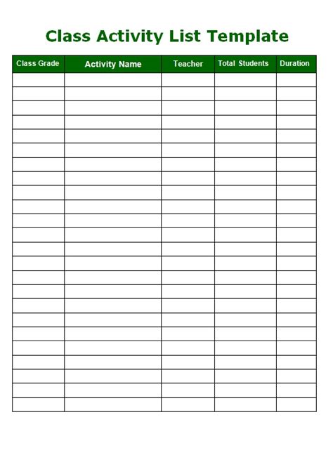 Class Activity List Template Free List Templates