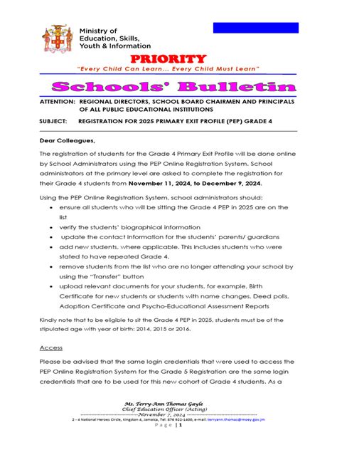 Priority Bulletin 153 2024 Registration For 2025 Primary Exit Profile Pep Grade 4 Pdf