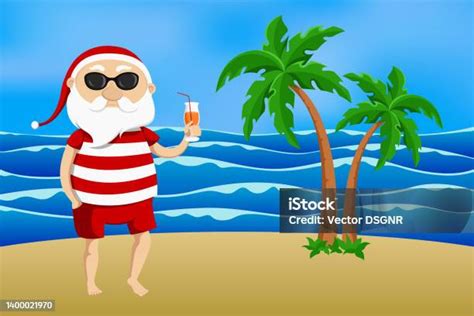 열대 섬에서 칵테일을 마시는 산타 벡터 일러스트 레이 션 마시기에 대한 스톡 벡터 아트 및 기타 이미지 마시기 마실 것