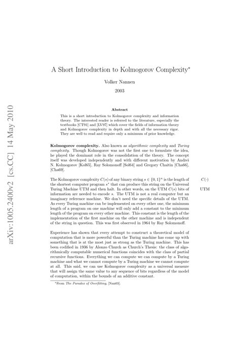 Pdf A Short Introduction To Kolmogorov Complexity