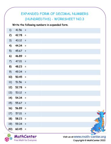 Expanded Form Of Decimal Numbers Hundredths Worksheet No 3 Worksheets Math Center