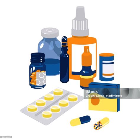 약 정제 캡슐 물집 액체 의약품이있는 유리 병 및 캡이있는 플라스틱 튜브가있는 구성 약국 상점 개념 벡터 그림입니다 0명에 대한 스톡 벡터 아트 및 기타 이미지 Istock