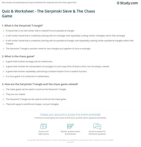 Quiz And Worksheet The Sierpinski Sieve And The Chaos Game