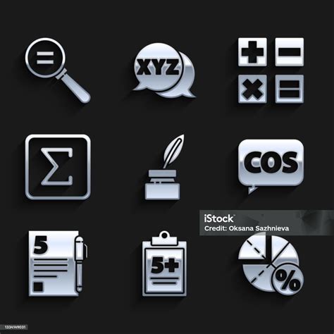 깃털 및 잉크웰 시험 또는 시험 시트 그래프 일정 차트 다이어그램 수학 기능 코신 펜 시그마 기호 계산기 및 계산 아이콘을