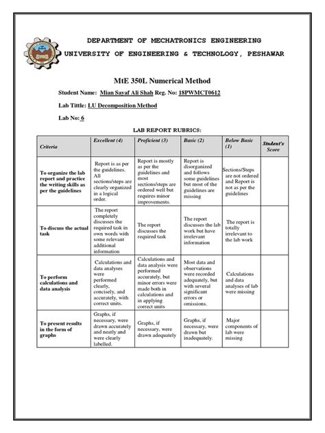 Lab 6 Lu Decomposition Pdf Matrix Mathematics Mathematics Of