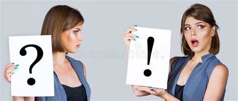 Concept Of Question Exclamation Marks Girl With A Question And Exclamation Mark Female Makes