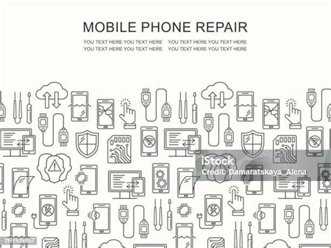 모바일 수리 서비스 텍스트 장소와 전화 수정 패턴 스마트 폰 일반적인 문제 수리 액세서리 배경 모바일 서비스 씬 라인 전단지 전자 장비 기술 건강관리와 의술에 대한 스톡
