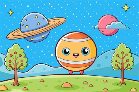 우주선과 행성을 가진 외계인의 만화 일러스트레이션 프리미엄 벡터