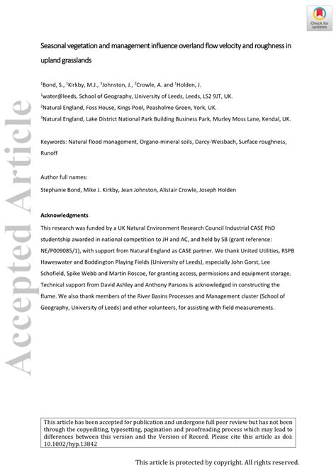 Pdf Seasonal Vegetation And Management Influence Overland Flow Velocity And Roughness In