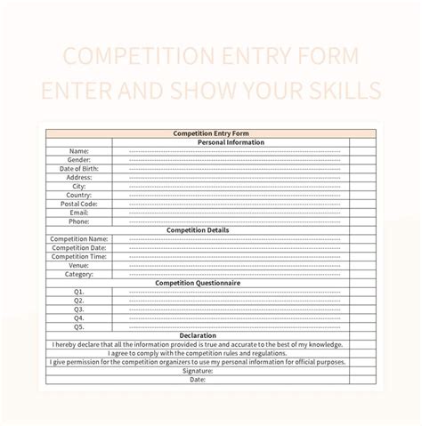Competition Entry Form Enter And Show Your Skills Excel Template And Google Sheets File For Free