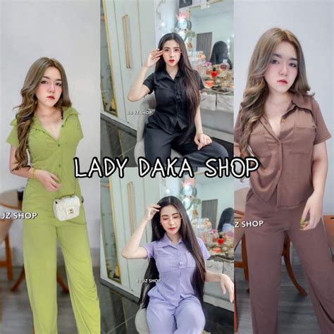 Set2ชิ้น เสื้อคอปกกระดุมหน้ากางเกงขายาว มีกระเป๋า2ข้าง Ladydakashop Thaipick