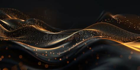 Abstract Gold And Black Wavy Particle Background With Glowing Dots And Lines Stock Illustration