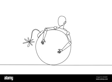 Single Continuous Line Drawing Robot Hugging Large Bomb With A Burning Fuse Bomb Squad Robot