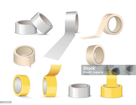 덕트 테이프 롤 세트 현실적인 흰색 은색 및 노란색 접착 리본 3d 스티키 스카치 절연 건강관리와 의술에 대한 스톡 벡터 아트 및 기타 이미지 Istock