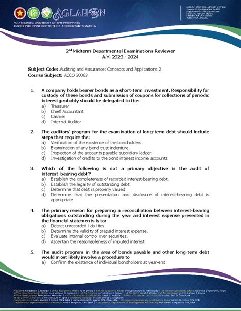auditing midterm simulation 2 nd midterm departmental examinations