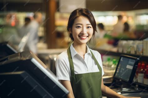 Asian Woman Cashier With Bright Smile At Grocery Checkout Premium Ai