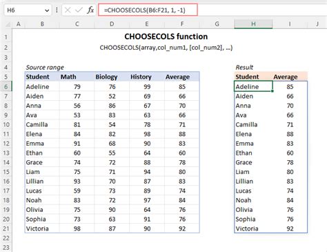 excel choosecols function to get columns from array or range
