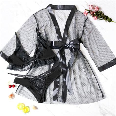 3 Piece Sheer Hooded Robe Mesh Lingerie Robe Set