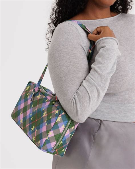 Nylon Bowler Bag Green Star Plaid Baggu