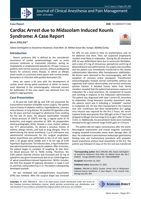 Pdf Cardiac Arrest Due To Midazolam Induced Kounis Syndrome A Case