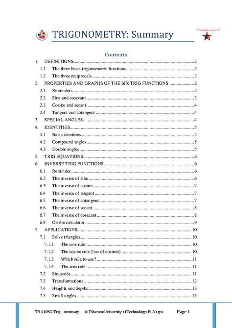 6 Trig Summary Trig Trigonometry Summary Definitions Contents 1