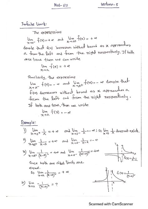 Lecture Summary Notes Mat Infinite Limits The Expressions Lim F X And A Lim At Foo
