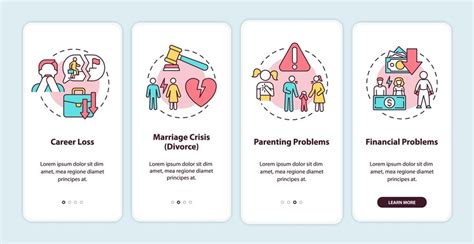 성인기 문제 온보딩 모바일 앱 페이지 화면 자기 개발 장벽은 개념이 포함된 4단계 그래픽 지침을 안내합니다 선형 컬러 일러스트레이션이 있는 Ui Ux Gui 벡터
