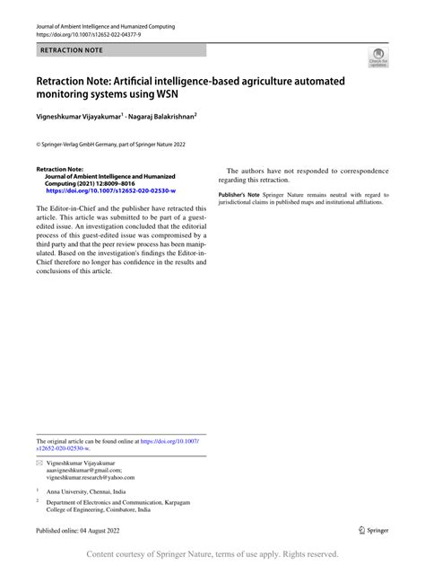 Retraction Note Artificial Intelligence Based Agriculture Automated Monitoring Systems Using Wsn