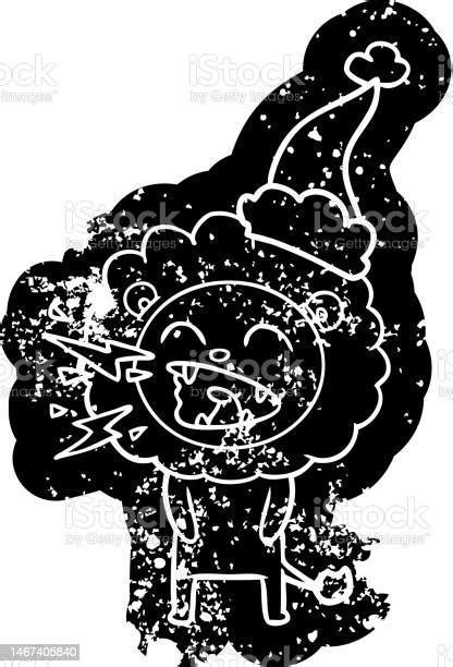 산타 모자를 쓰고 포효하는 사자의 기발한 만화 고민 아이콘 귀여운에 대한 스톡 벡터 아트 및 기타 이미지 귀여운 그런지 이미지 기법 낙서 드로잉 Istock