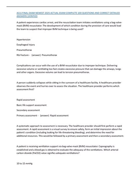 Acls Final Exam Newest 2025 Actual Exam Complete 100 Questions And Correct Detailed Answers