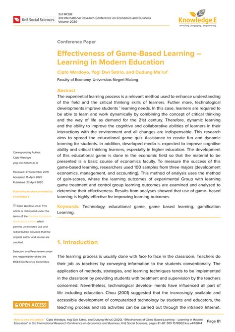 Pdf Effectiveness Of Game Based Learning Learning In Modern Education