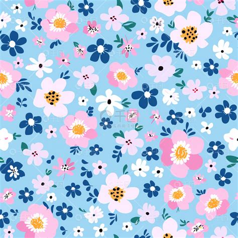 花卉ai数字艺术 卡通风蓝粉花卉图案插画卡通风浅蓝背景花朵图案插画 Ai平面元素免费下载 Png格式 4096像素 编号71277667 千图网