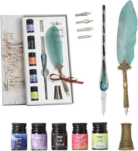 Feather Pen Set Calligraphy Feather And Glass Dip Pen Set Includes 5