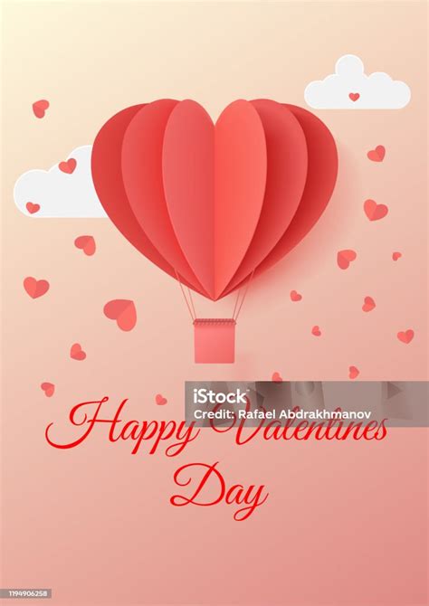 행복 한 발렌타인 데이 타이포그래피 벡터 일러스트 디자인 종이 컷 빨간 심장 모양 종이 접기 하늘 배경에 비행 열기구를 했다 종이 아트 및 디지털 공예 스타일 개념에 대한