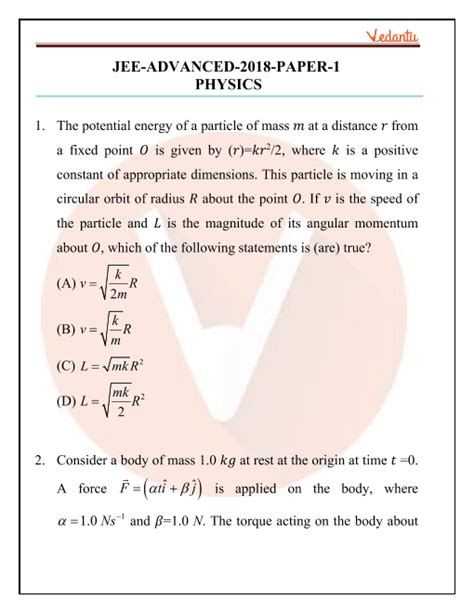 JEE Advanced 2018 Physics Question Paper 1 With Answer Keys Free PDF Download