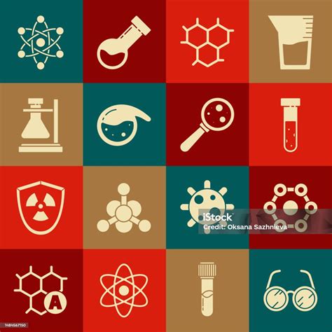 돋보기 아이콘 아래에 실험실 안경 화학식 시험관 및 플라스크 화학 물질 스탠드 원자 및 미생물을 설정합니다 벡터 0명에 대한 스톡 벡터 아트 및 기타 이미지 Istock