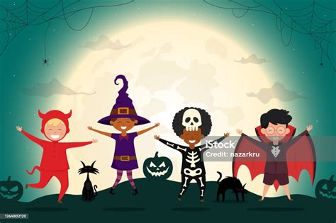 해피 할로윈 키즈 의상 파티 으스스한 밤 풍경에 만화 캐릭터 아이에 대한 스톡 벡터 아트 및 기타 이미지 아이 사탕주면 안