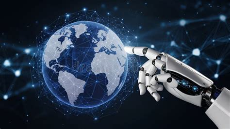 Futuristic Robotic Hand Touching Digital Globe Depicting Global Connectivity Stock Illustration