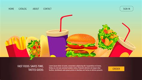 패스트 푸드 길거리 카페 요리 음식 주문 정크 푸드를위한 방문 페이지 디자인 햄버거 케밥 타코 감자 튀김 소다 음료 음식에 대한 스톡 벡터 아트 및 기타 이미지 Istock