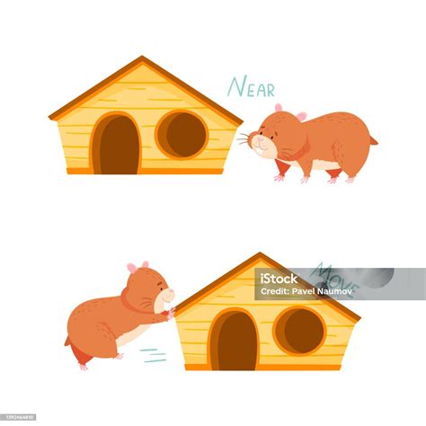 장소와 동사의 영어 전치사 귀여운 햄스터가 집 근처에 앉아서 만화 벡터 일러스트 레이 션을 옮깁니다 가까운에 대한 스톡 벡터
