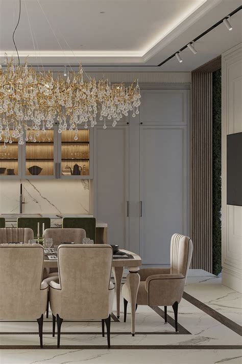 Современный дизайн интерьера кухни гостиной в роскошном загородном доме