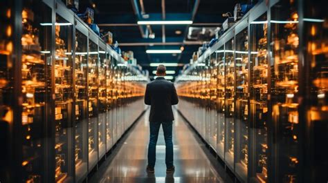 Premium Ai Image Man Standing Alone In Modern Data Center Full Of