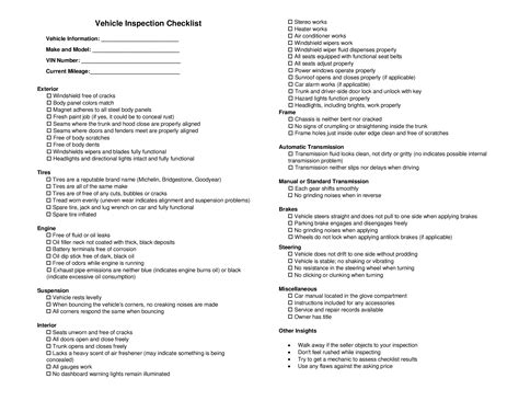 Vehicle Inspection Checklist For Used Cars Document Template