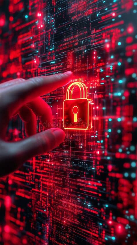 Hand Reaching To Touch Glowing Red Lock Symbol On Digital Interface With Data Patterns Stock