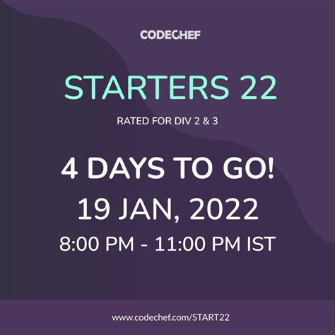 Codechef On Linkedin Just A Friendly Reminder That Starters 22 Starts In 4 Days Division 2 And