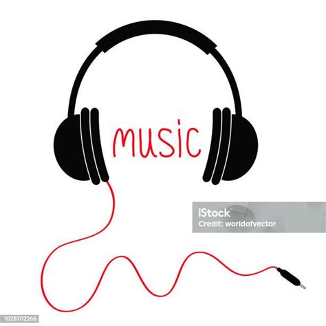 헤드폰 빨간색 코드 및 단어 음악입니다 카드 평면 디자인 아이콘입니다 흰색 배경 격리입니다 가득 찬에 대한 스톡 벡터 아트 및